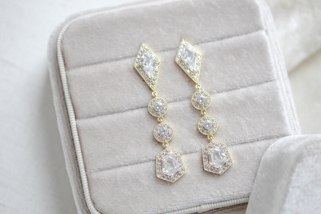 Long Rose gold Bridal earrings with Empress cut gemstones - MONROE ...