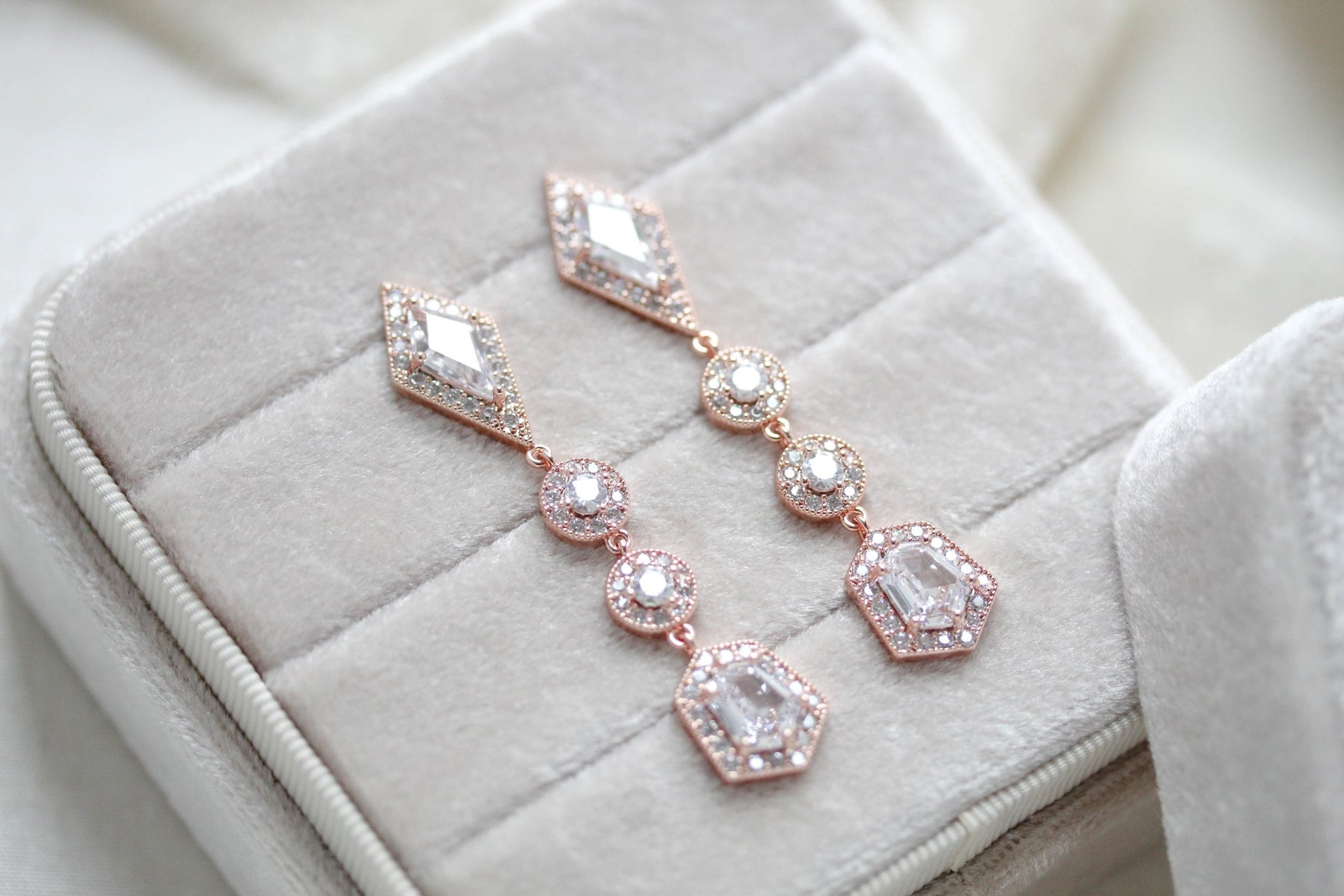 Long Rose gold Bridal earrings with Empress cut gemstones - MONROE ...