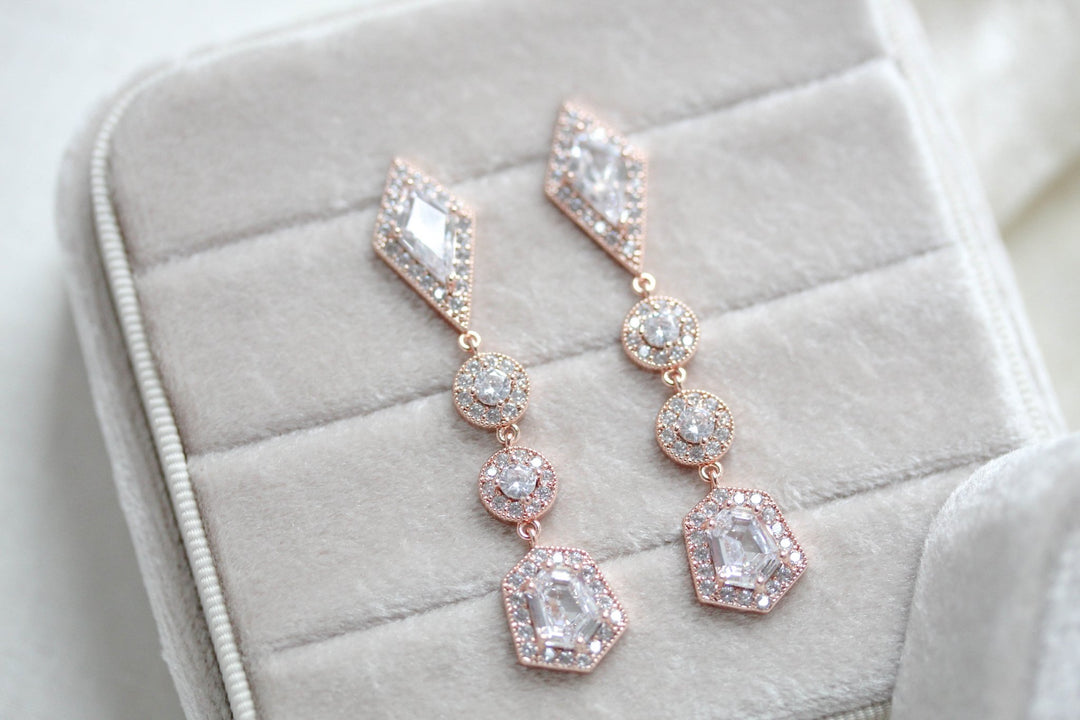 Long Rose gold Bridal earrings with Empress cut gemstones - MONROE ...