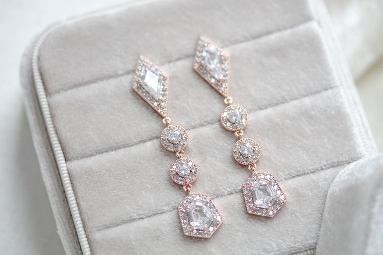 Long Rose gold Bridal earrings with Empress cut gemstones - MONROE ...