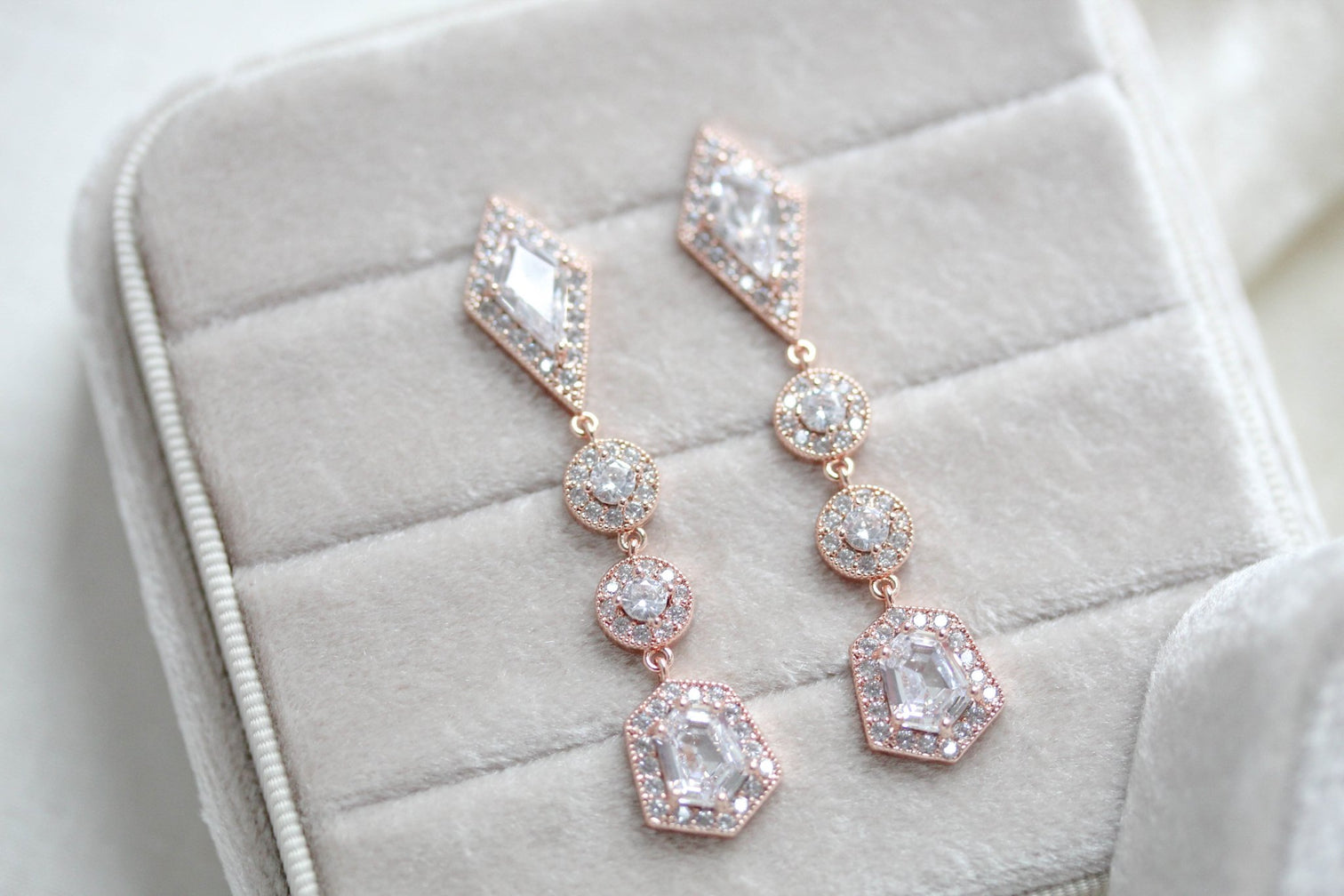 Long Rose gold Bridal earrings with Empress cut gemstones - MONROE ...