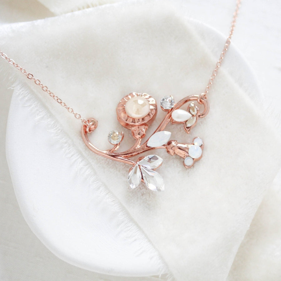 Rose gold crystal and pearl floral bridal necklace - REMI – Treasures ...