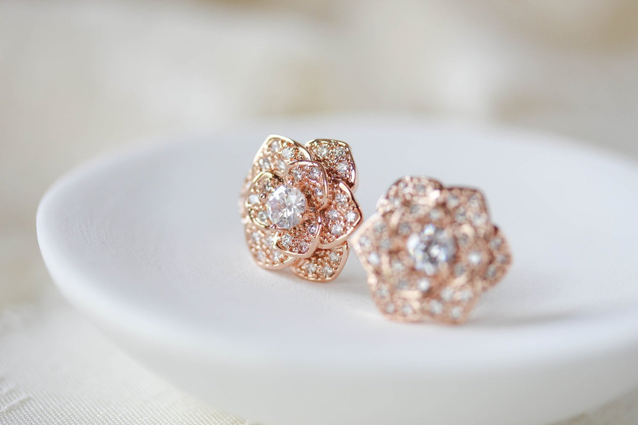 Rose gold flower stud CZ Bridal earrings Bridesmaid jewelry - MORGAN ...