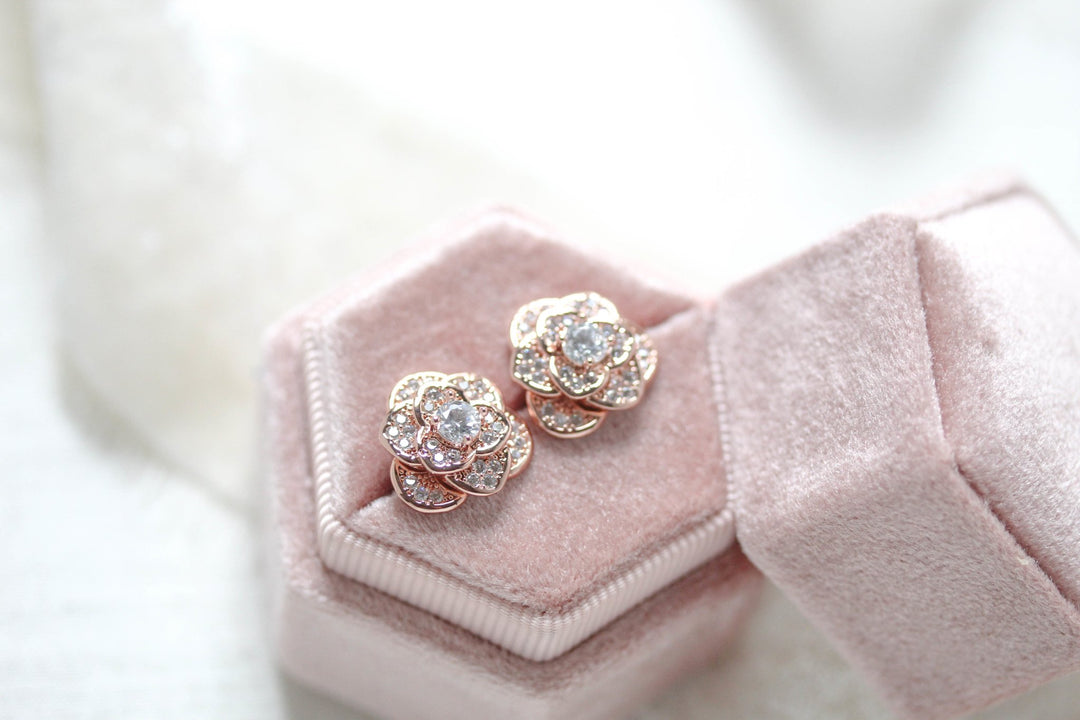 Rose gold flower stud CZ Bridal earrings Bridesmaid jewelry - MORGAN ...