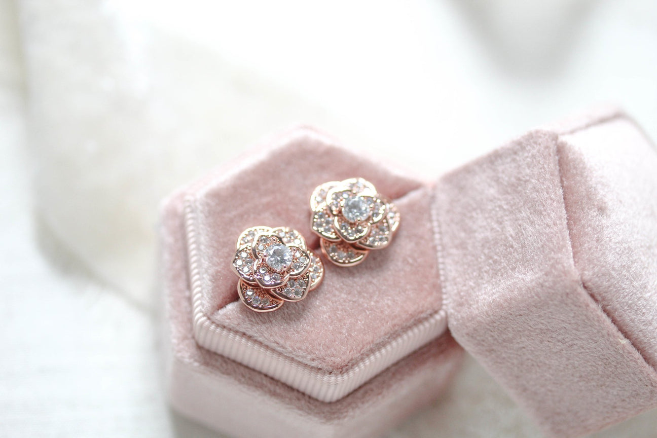 Rose gold flower stud CZ Bridal earrings Bridesmaid jewelry - MORGAN ...
