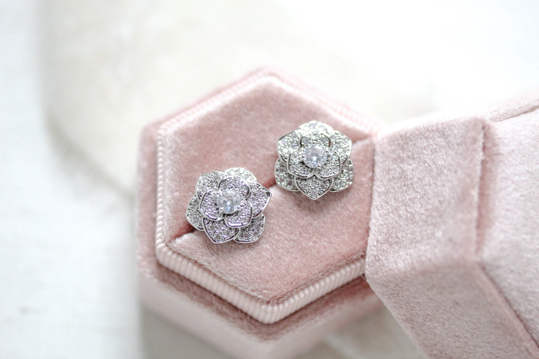 Rose gold flower stud CZ Bridal earrings Bridesmaid jewelry - MORGAN ...