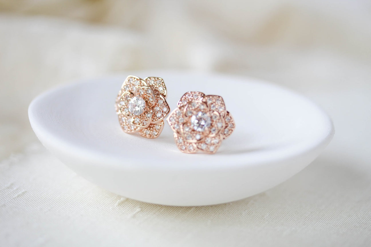 Rose gold flower stud CZ Bridal earrings Bridesmaid jewelry - MORGAN ...