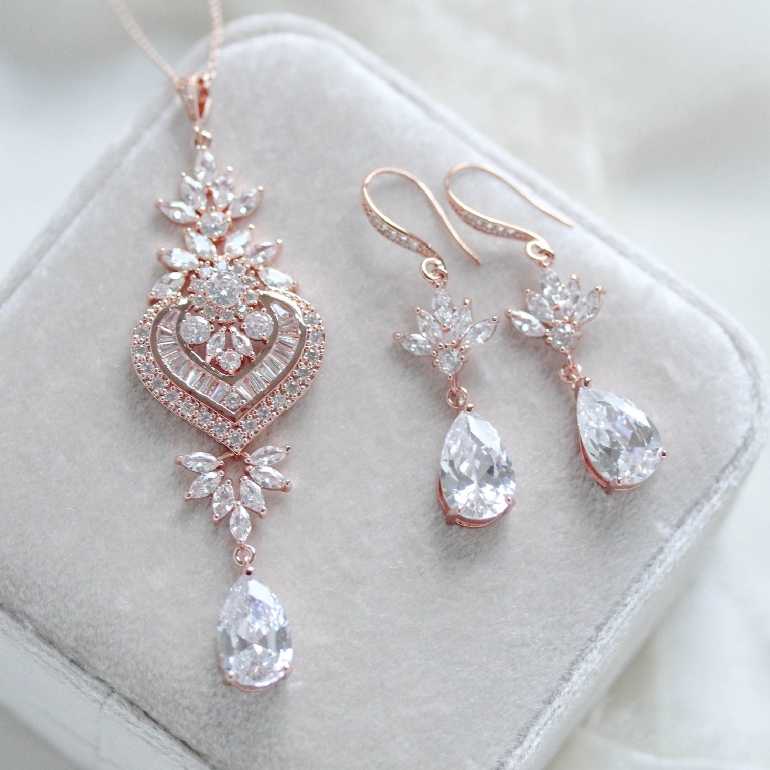 Rose gold Wedding necklace and earring set - EMMA – Treasures by Agnes